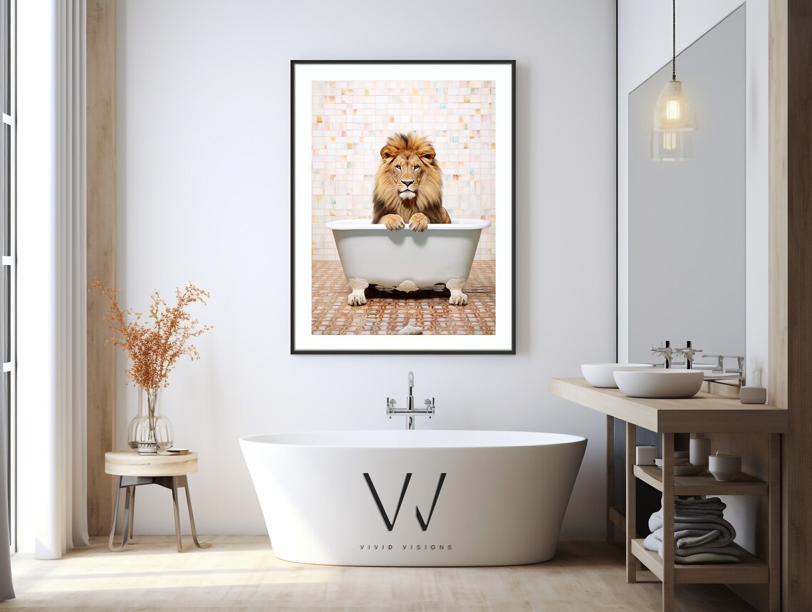 Lion in a Vintage Bathtub, Cottage Rose Bath Style, Animal Bathroom Art ...