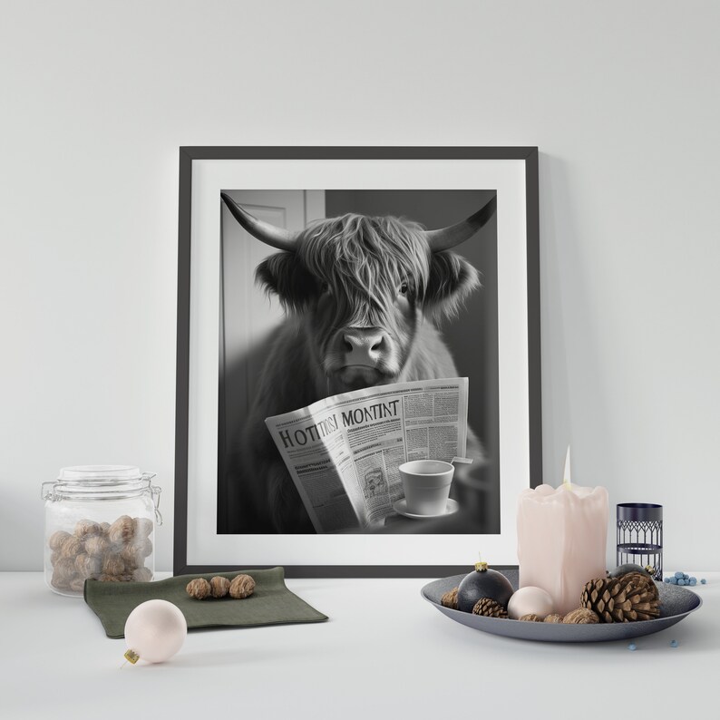 Highland Cow Reading Newspaper Funny Bathroom Wall Art - Etsy
