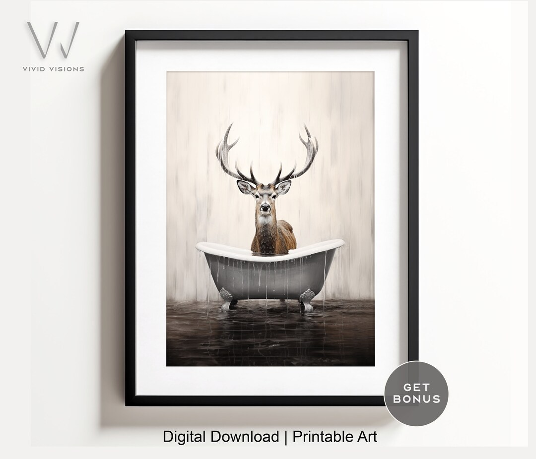 Deer in a Vintage Bathtub, Animal Bathroom Art, Rustic Bath Style ...