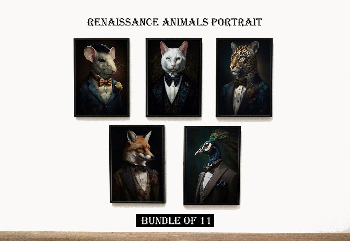 Renaissance Animals Portrait, Bundle of 11, Quirky Animal Art Lovers ...