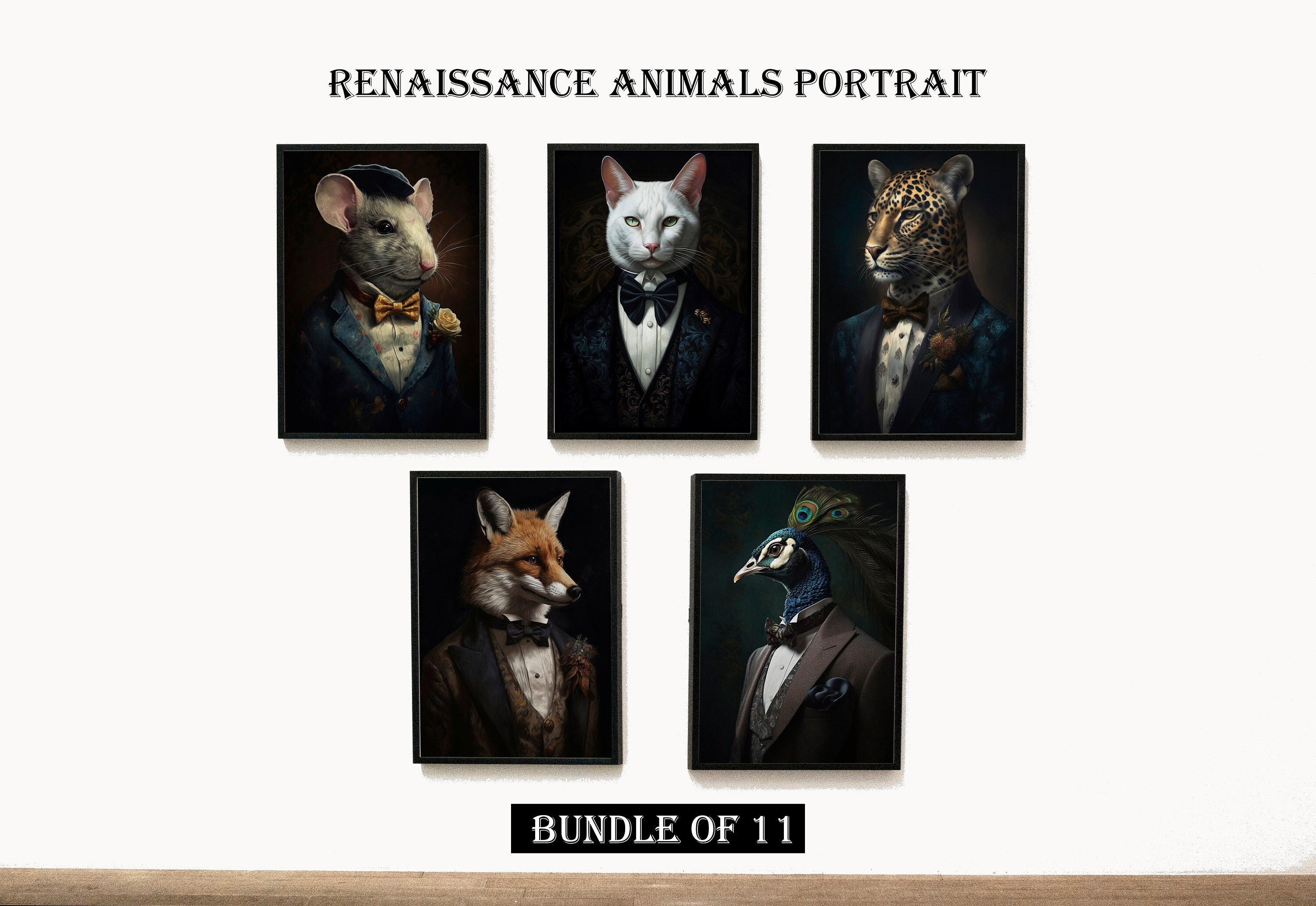 Renaissance Animals Portrait, Bundle of 11, Quirky Animal Art Lovers ...