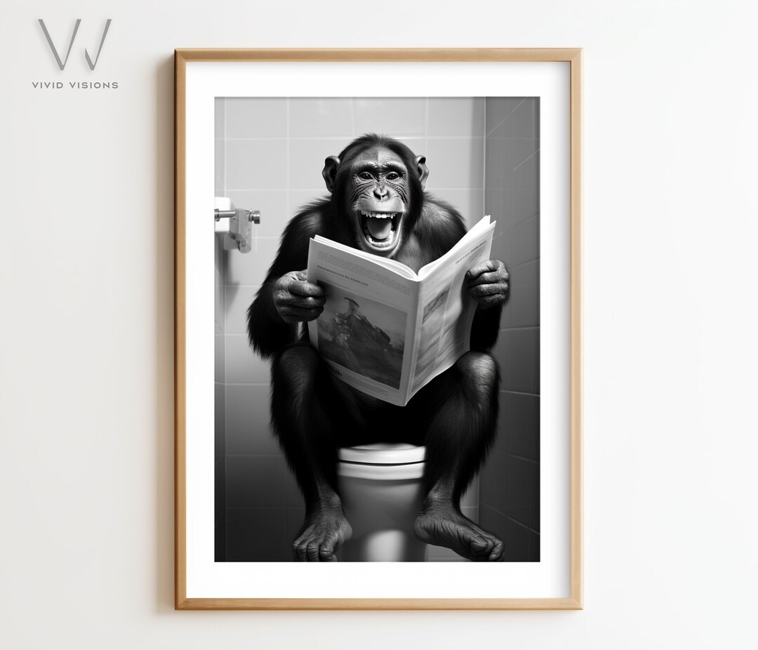 Monkey Sitting on the Toilet Reading, Animal Bathroom Art, Rustic Bath ...