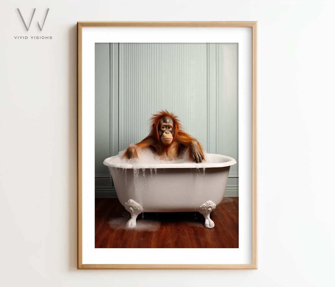 Monkey in a Vintage Bathtub, Animal Bathroom Art, Rustic Bath Style ...