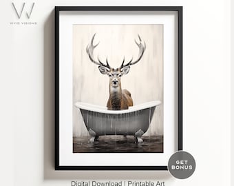 Animal Bathroom Art Print, 8x10 Bath Deer in Bathtub Tub, Vintage Home ...