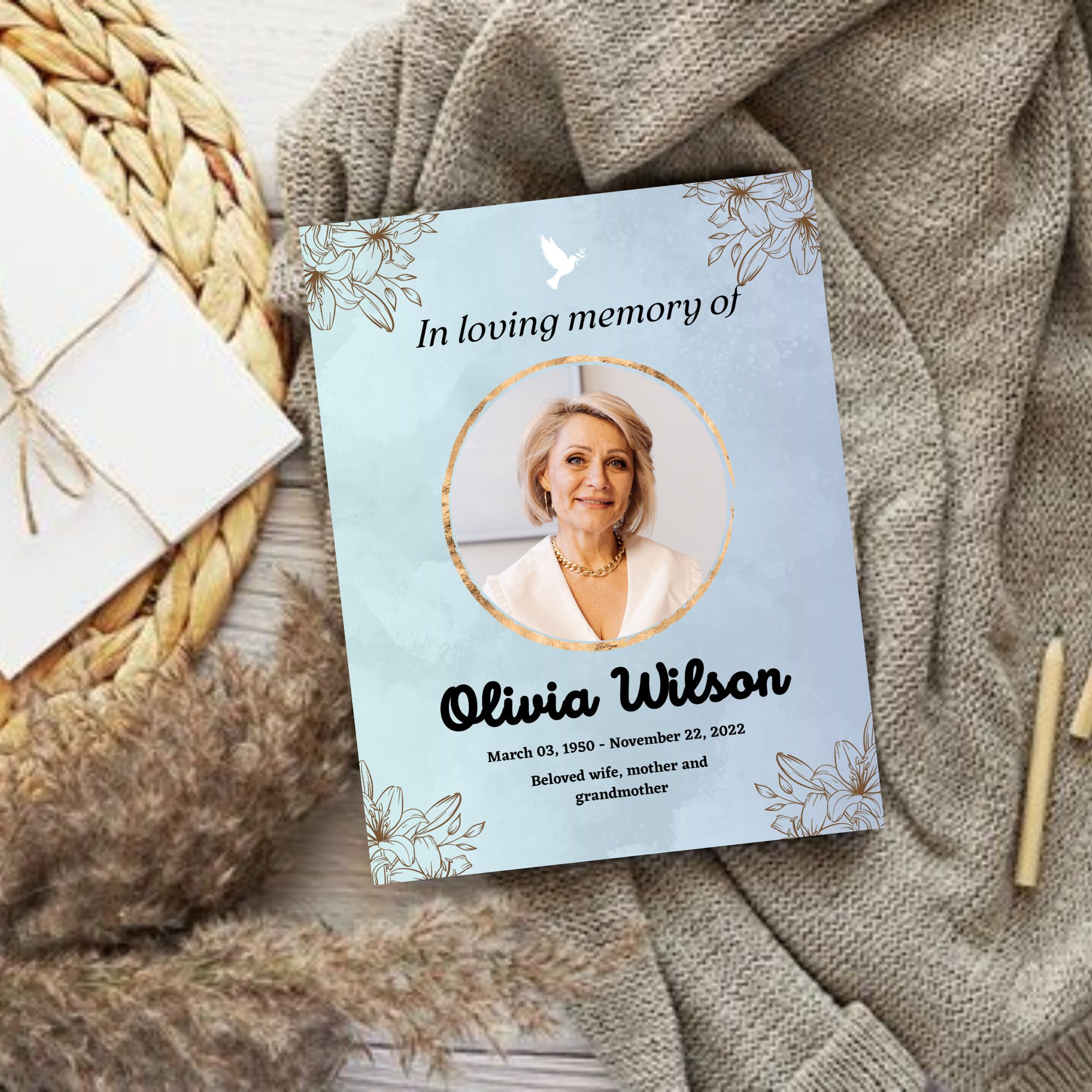 Blue and Grey Classic Minimalist Obituary Funeral Program Template - Etsy
