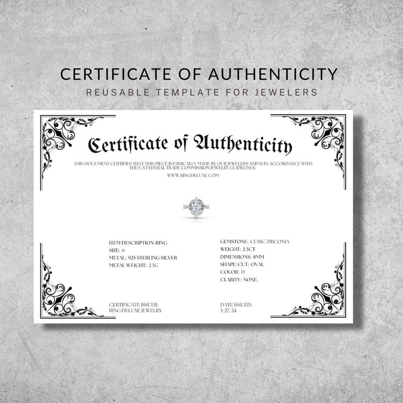 Printable Ring Certificate of Authenticity | Customizable Jewelry ...