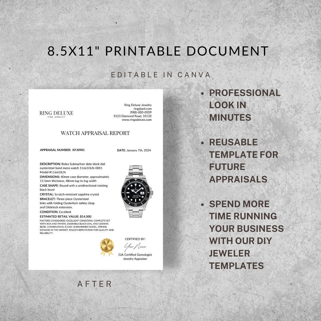 Rolex Watch Appraisal Printable Template PDF Re-usable Templates for ...