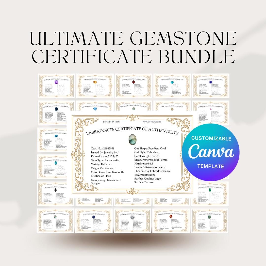 Gemstone Certificate Template Bundle: Editable Jewelry Authenticity ...