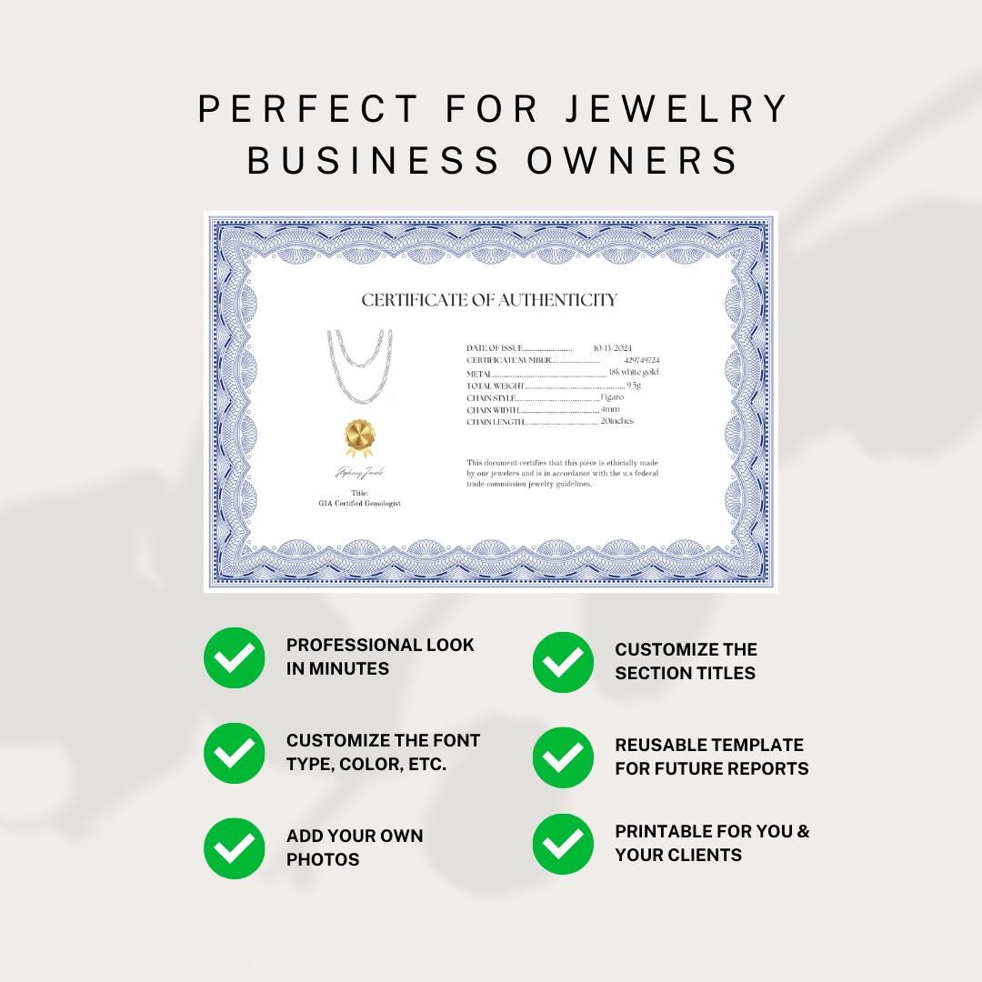 Gold Chain Certificate of Authenticity Template: Jewelry Business (4x6 ...