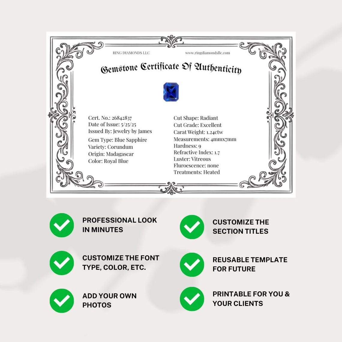 Gemstone Certificate of Authenticity Template: Jewelry Business PDF - Etsy