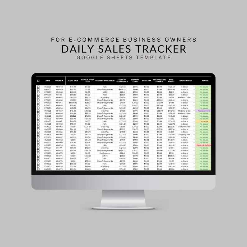 E-commerce Daily Sales Tracker: Google Sheets Template - Etsy