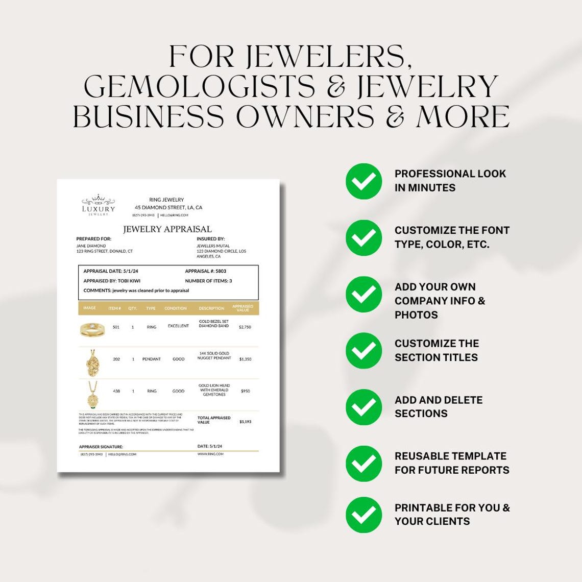 Jewelry Appraisal Template: Professional Report, Editable in Canva (PDF ...