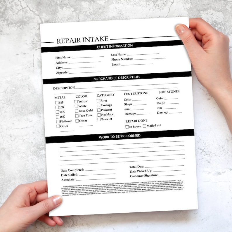 Jewelry Repair Intake Form: Printable PDF Template (8.5x11) - Etsy