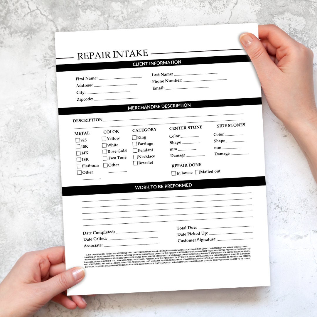 Jewelry Repair Intake Form: Printable PDF Template (8.5x11) - Etsy
