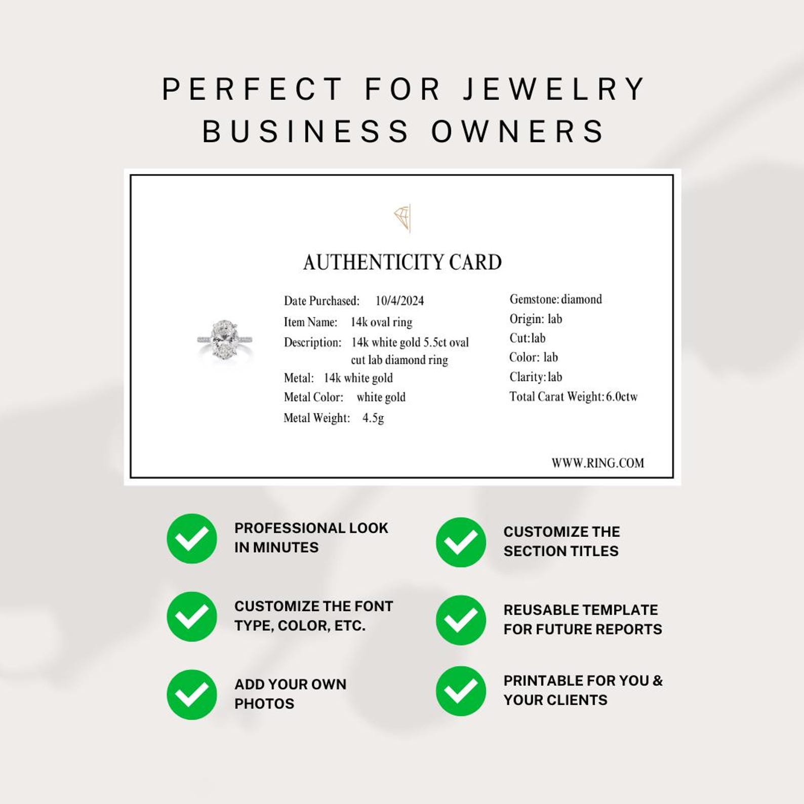 Custom Ring Certificate Card | Jewelry Certificate of Authenticity ...