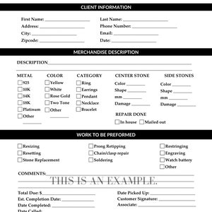 Jewelry Repair Intake Form Printable Jewelry Repair PDF Jewelry Retail ...
