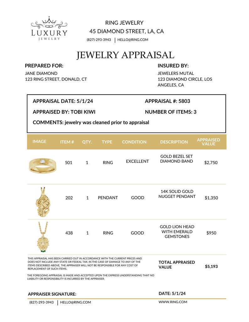 Jewelry Appraisal Template: Professional Report, Editable in Canva (PDF ...