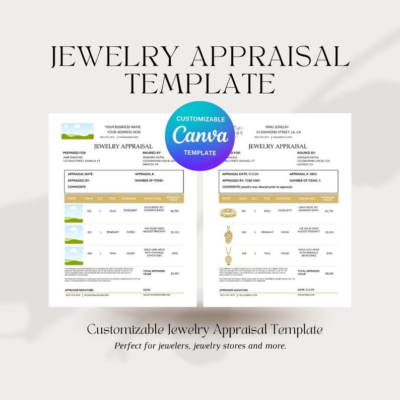 Jewelry Appraisal Template: Professional Report, Editable in Canva (PDF ...