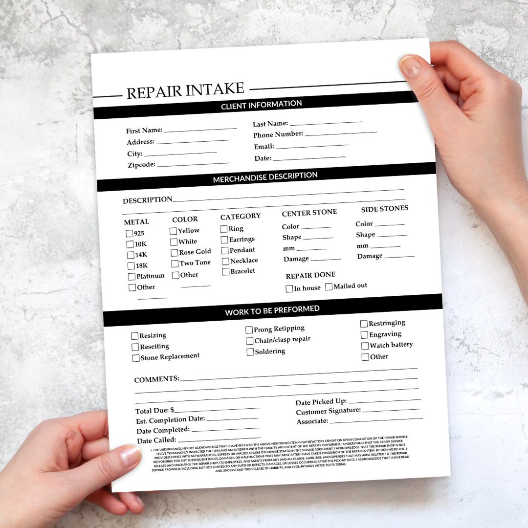 Jewelry Repair Intake Form | Printable Jewelry Repair PDF | Jewelry ...
