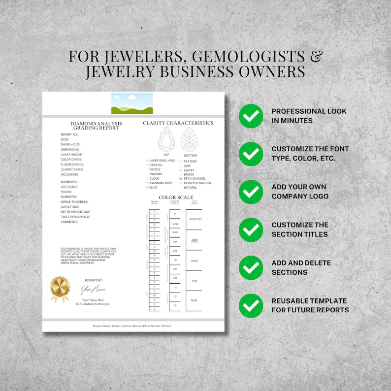 Diamond Grading Report Template: 9 Shapes, Jewelry Business (canva ...