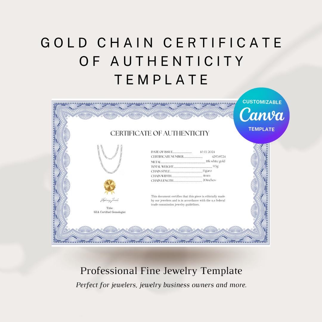 Gold Chain Certificate of Authenticity Template: Jewelry Business (4x6 ...