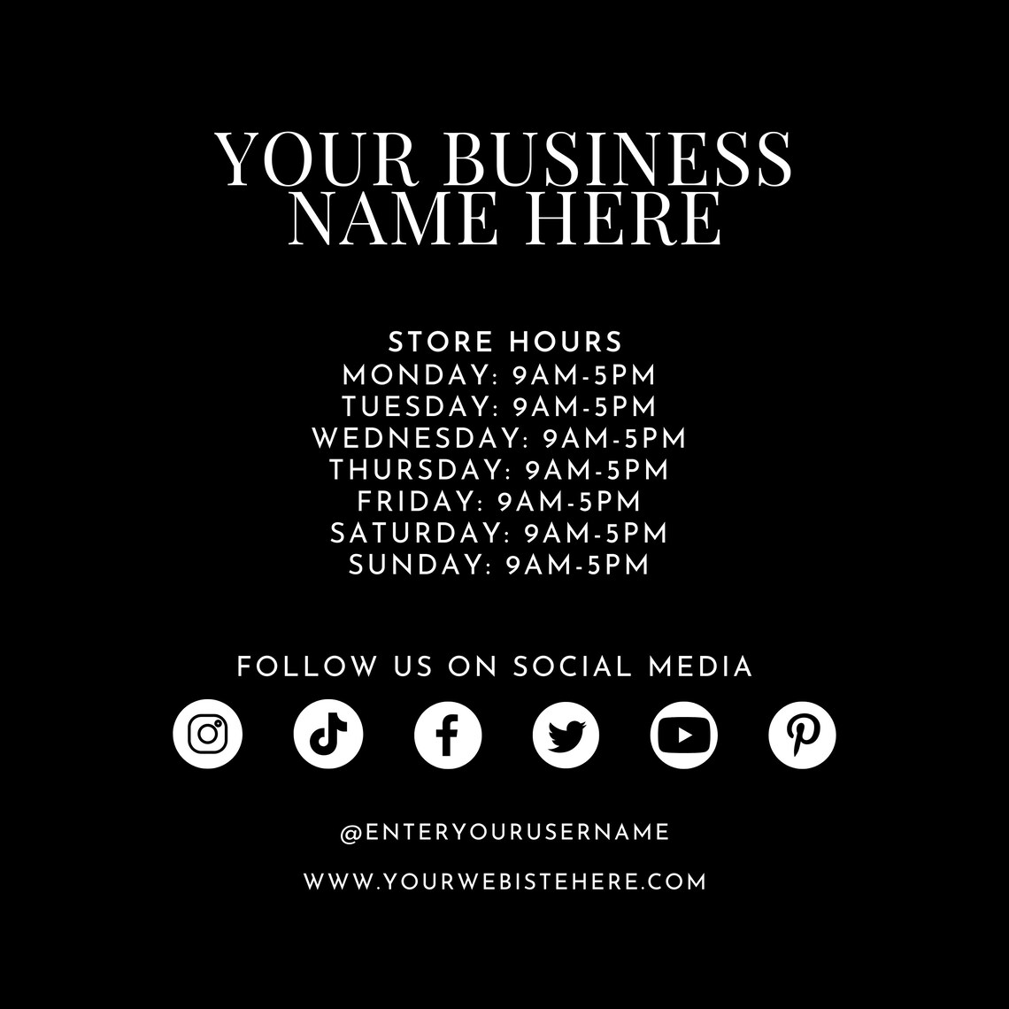 Custom Business Sign Template, Custom Business Hours Door Window Sign ...