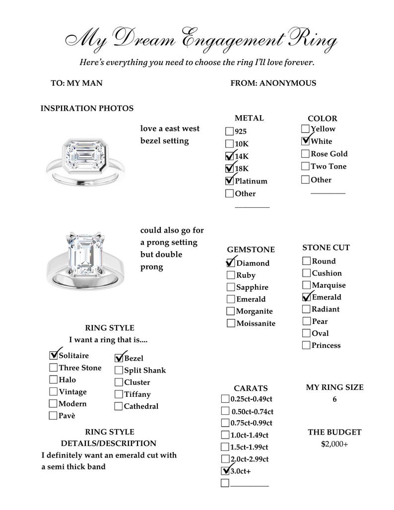 Editable Engagement Ring Guide Template Form PDF | Ring Wishlist Form ...
