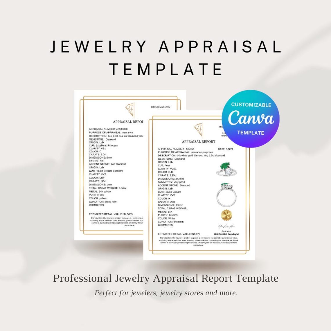 Jewelry Appraisal Template: Professional Printable PDF for Jewelers - Etsy