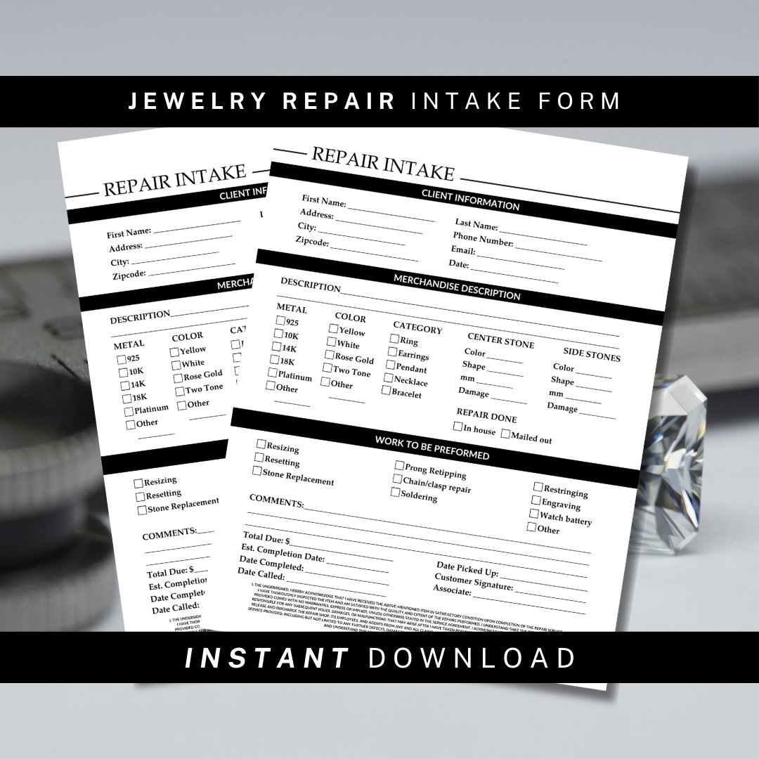 Jewelry Repair Intake Form Printable Jewelry Repair PDF Jewelry Retail ...