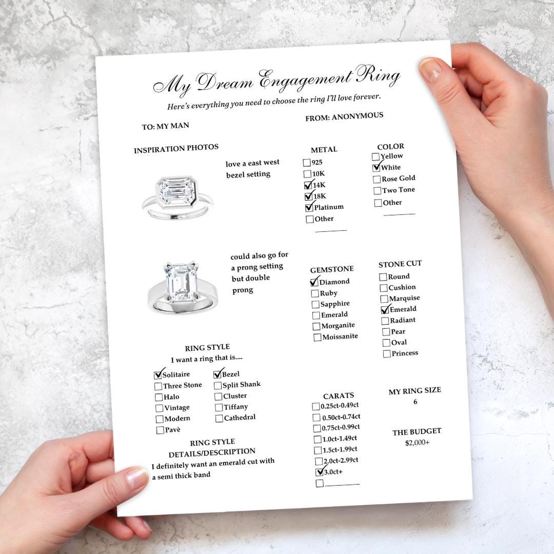 Editable Engagement Ring Guide Template Form PDF | Ring Wishlist Form ...