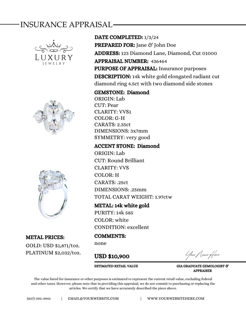 Diamond Jewelry Appraisal Template: Customizable Canva (8.5x11 PDF) - Etsy
