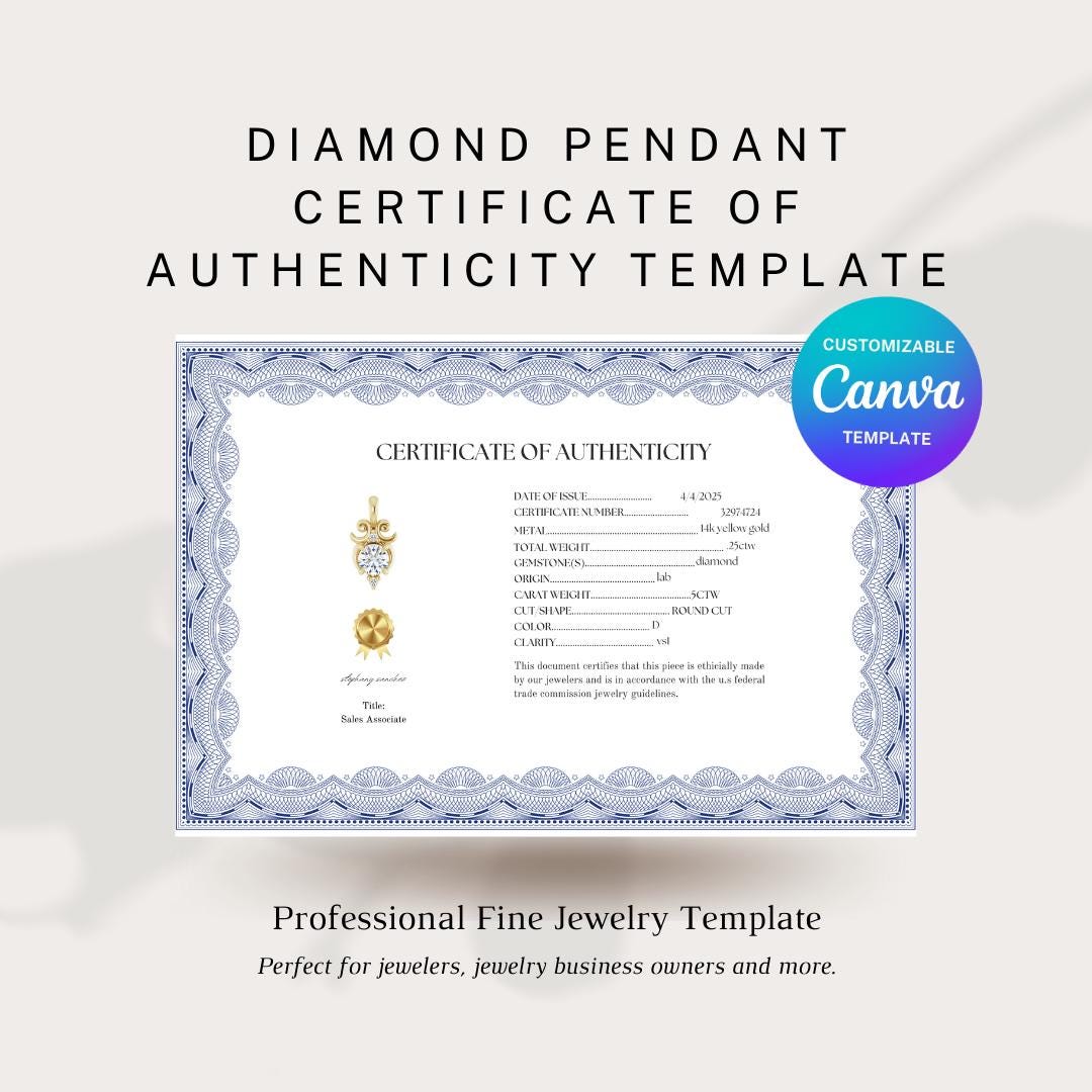 Diamond Pendant Certificate of Authenticity Template | Jewelry ...