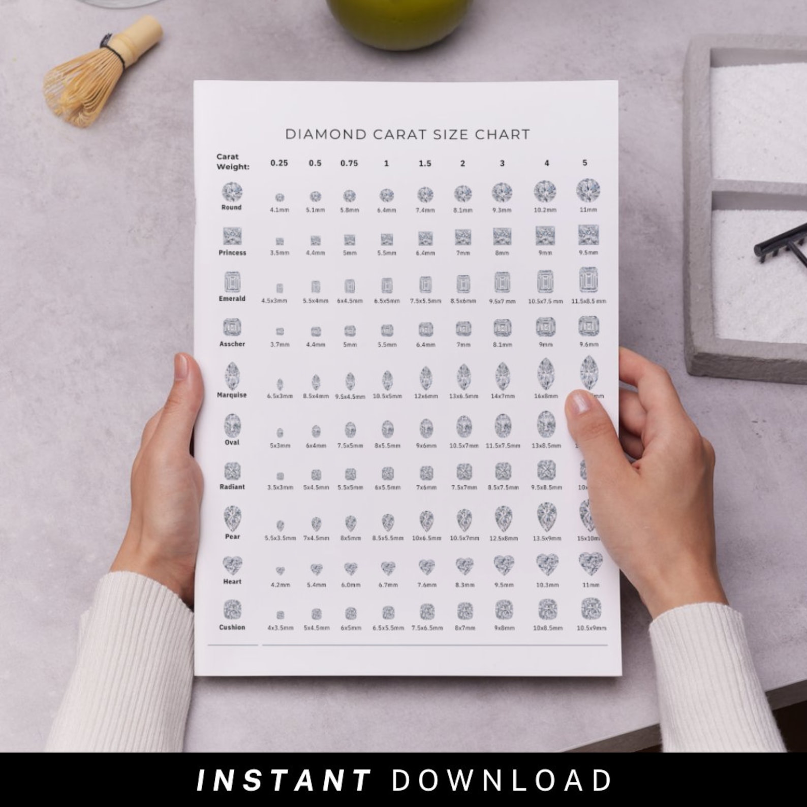 Diamond Carat Size Chart: MM Conversion for Jewelers (digital Download ...