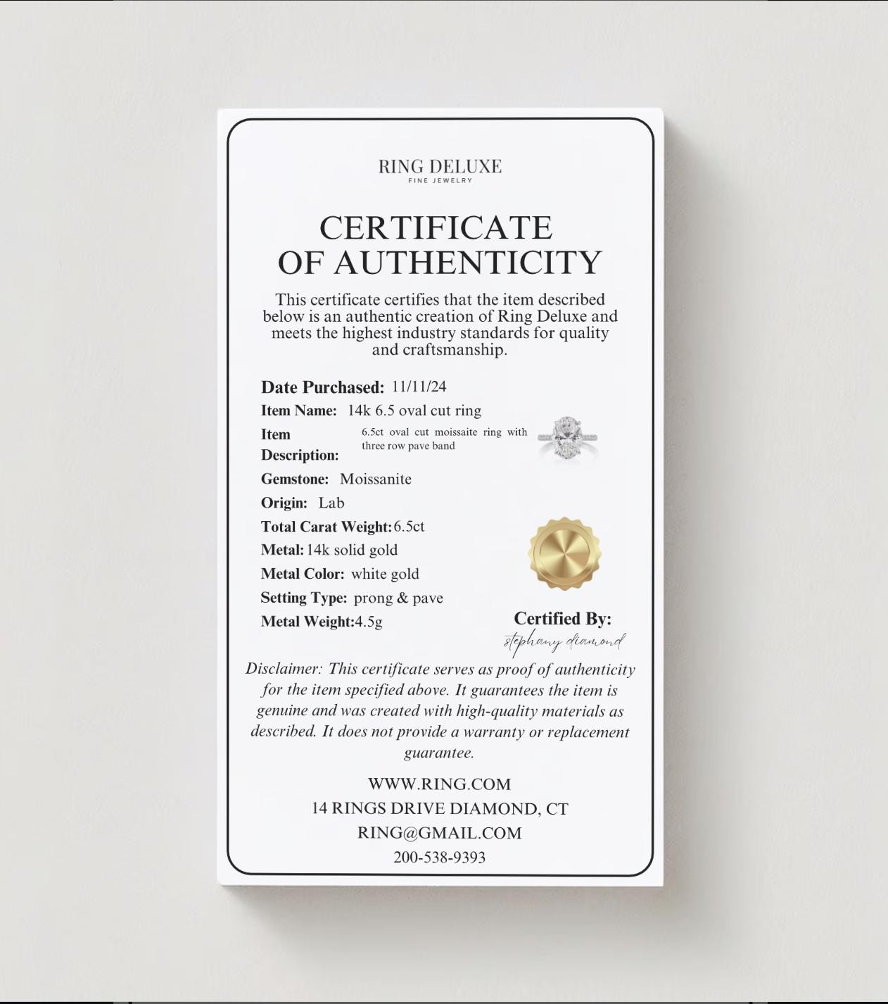 Certificate of Authenticity Card, Engagement Ring Certificate of ...