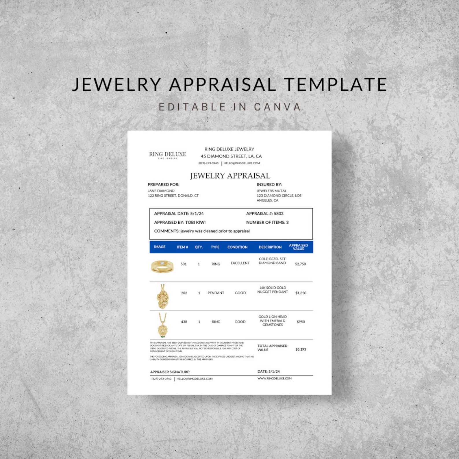 Multi-item Jewelry Appraisal Template PDF Re-usable Templates for ...