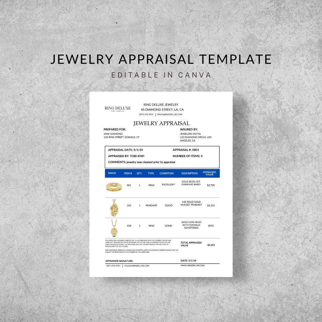 Multi-item Jewelry Appraisal Template PDF Re-usable Templates for ...