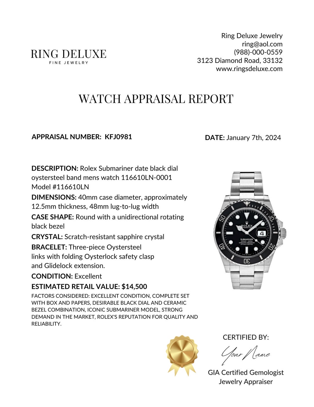 Rolex Watch Appraisal Printable Template PDF Re-usable Templates for ...