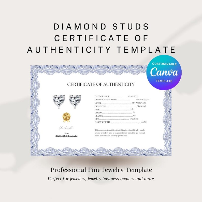 Diamond Studs Certificate of Authenticity Template | Jewelry ...