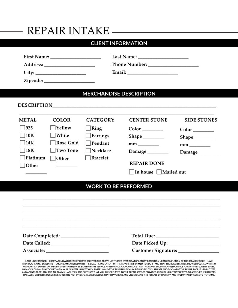 Jewelry Repair Intake Form: Printable PDF Template (8.5x11) - Etsy