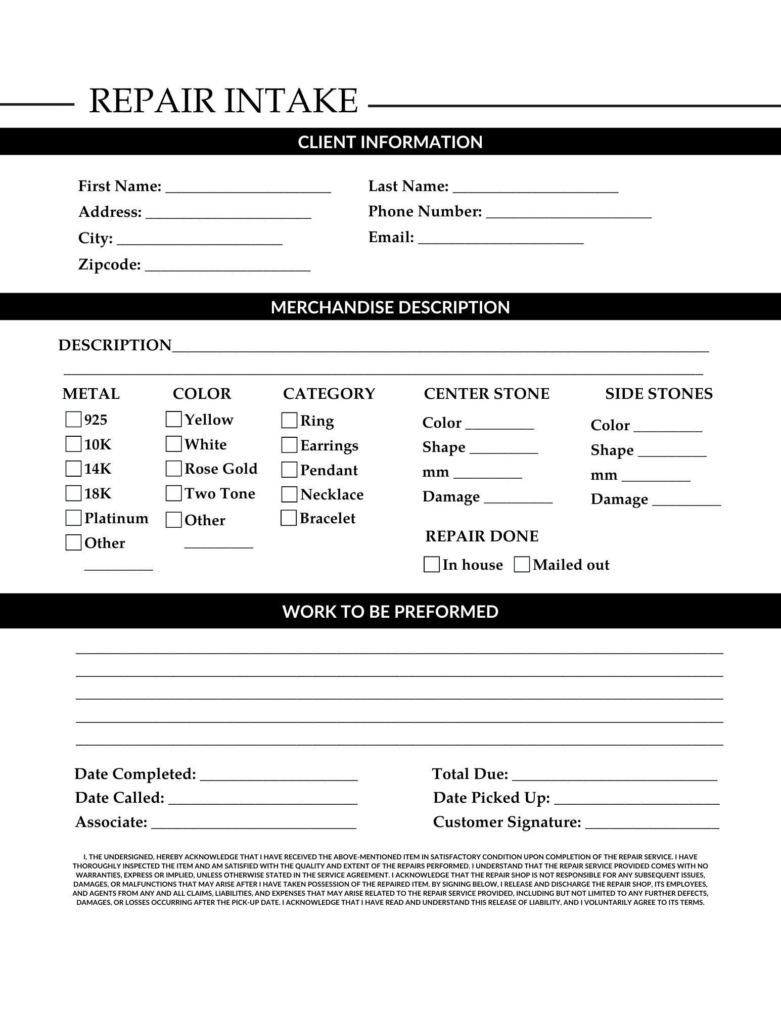 Jewelry Repair Intake Form | Printable Jewelry Repair PDF | Jewelry ...