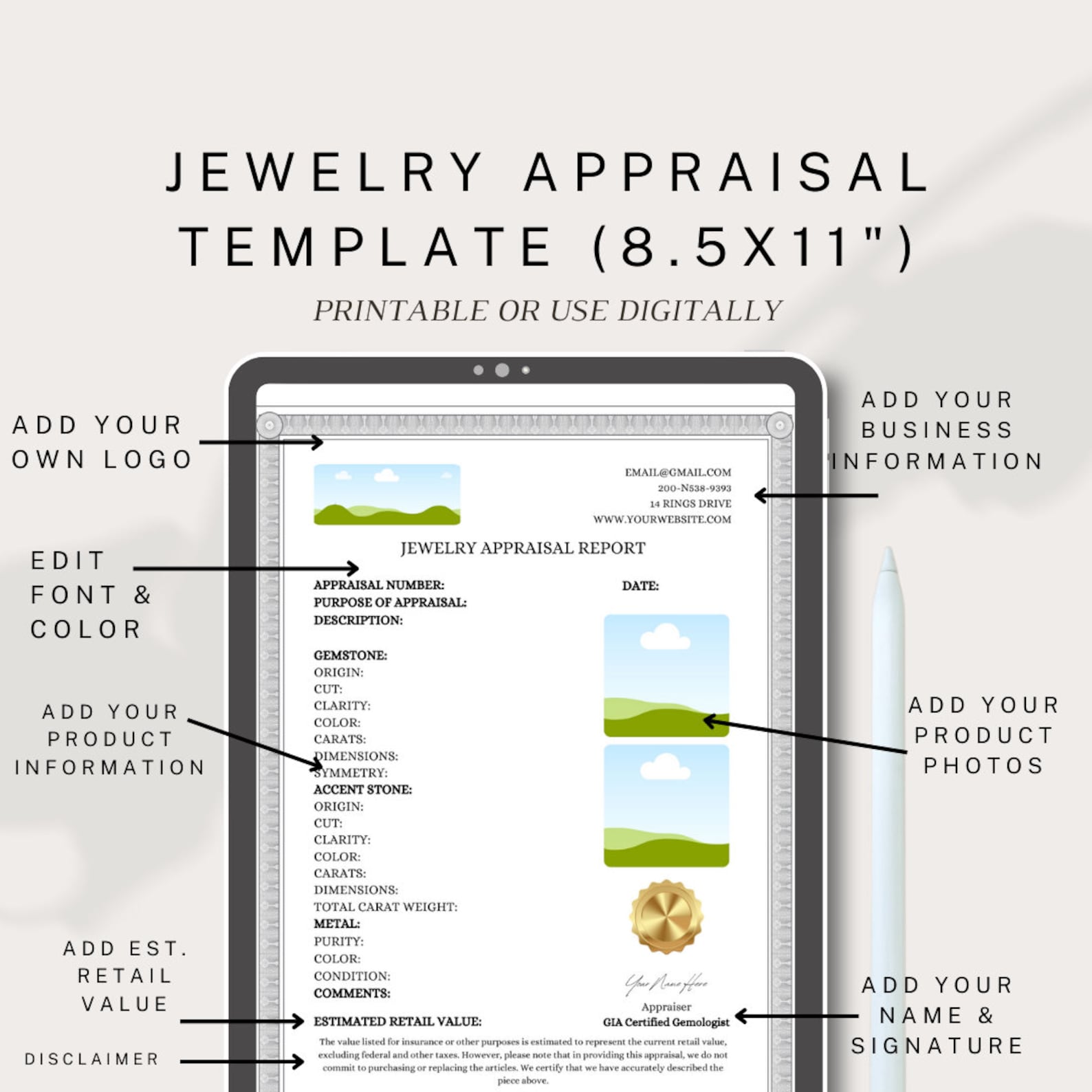Jewelry Appraisal Form Template: Editable Canva Report (PDF) - Etsy