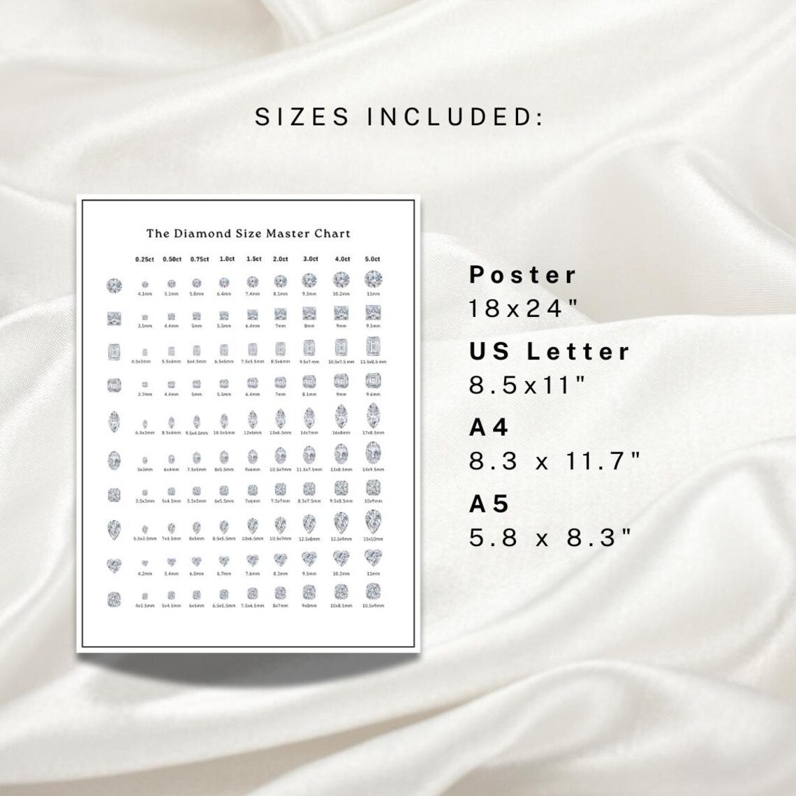 Printable Diamond Size Chart | Carat to MM Conversion Chart for ...