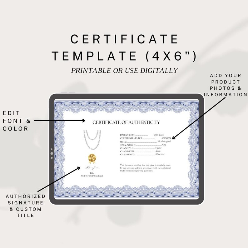 Gold Chain Certificate of Authenticity Template: Jewelry Business (4x6 ...