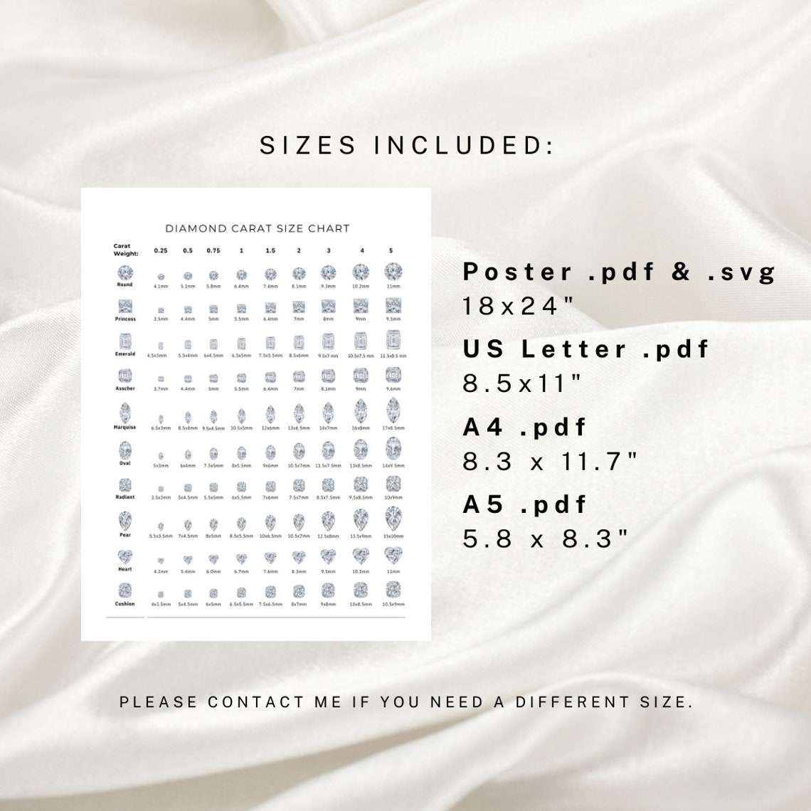Diamond Carat Size Chart: MM Conversion for Jewelers (digital Download ...