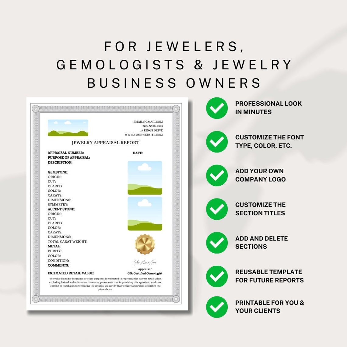 Jewelry Appraisal Form Template: Editable Canva Report (PDF) - Etsy