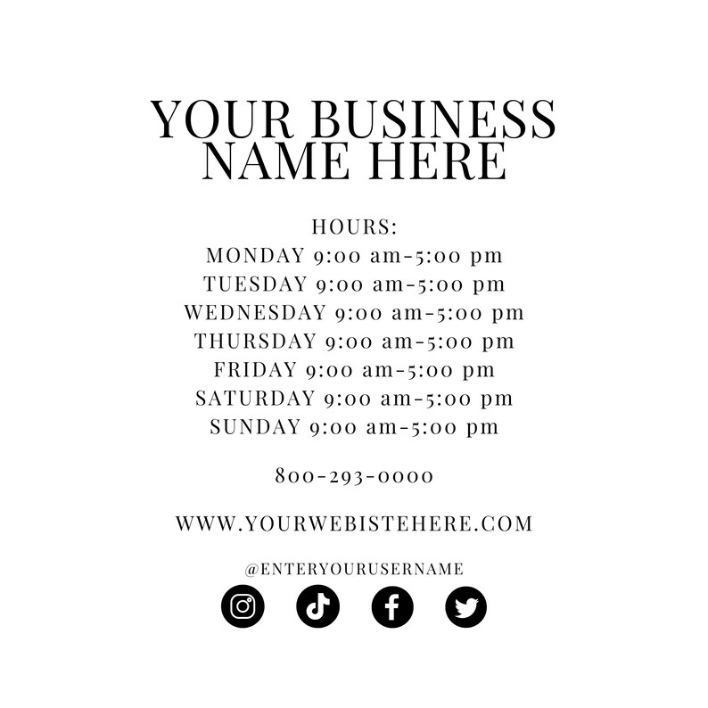 Business Door Sign Template, Business Hours Template, Editable Business ...