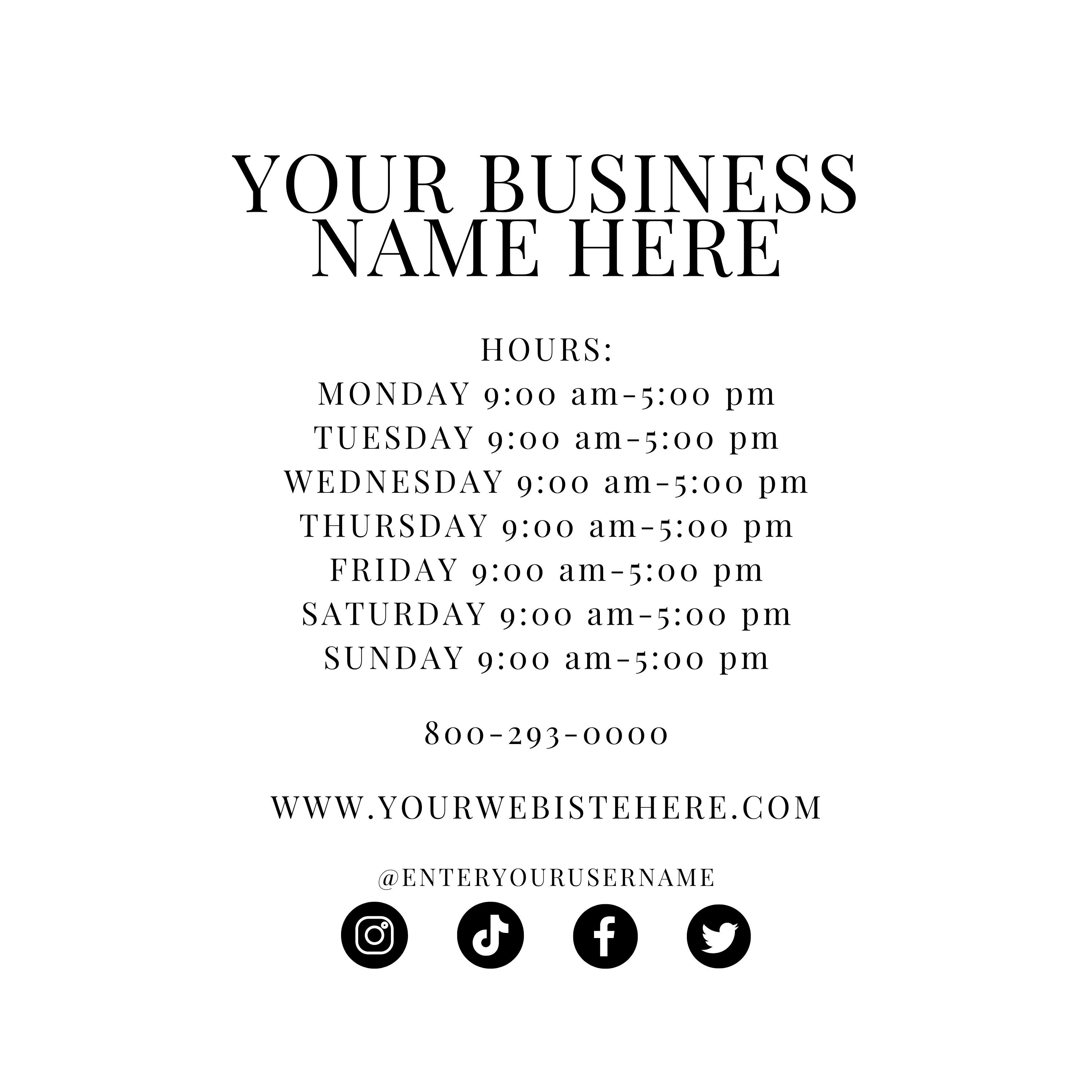 Business Door Sign Template, Business Hours Template, Editable Business ...