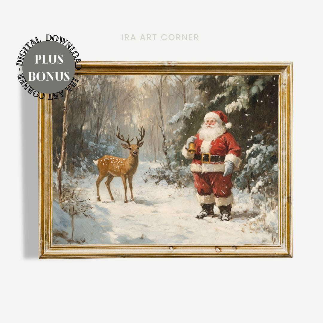 Vintage Santa in Forest Printable Oil Painting Cozy Christmas Wall Art ...