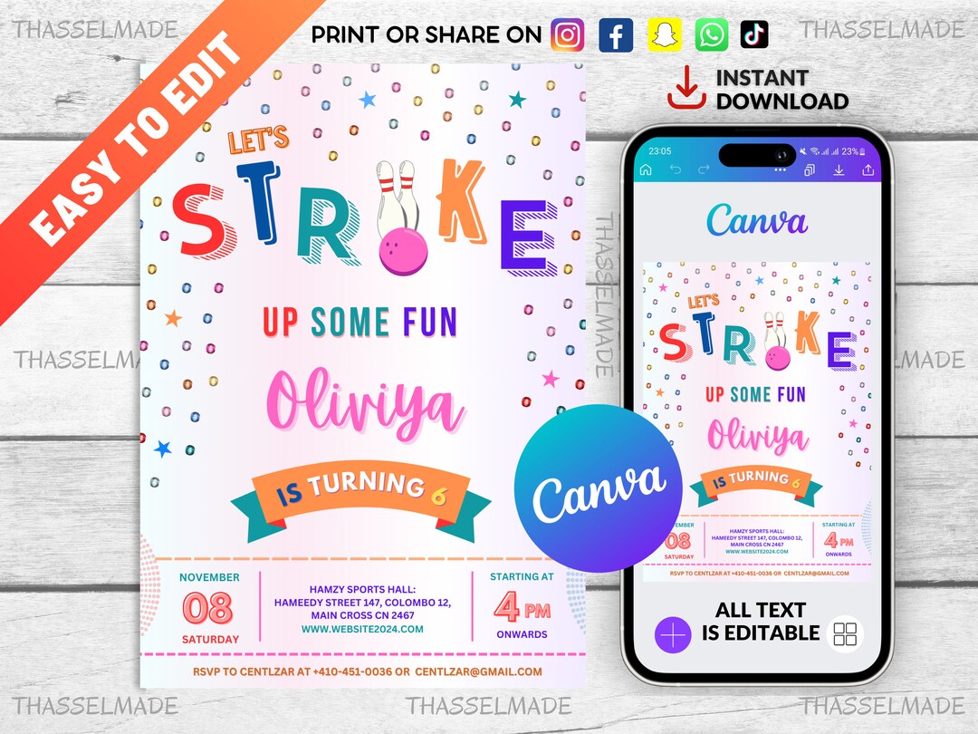 Editable Girls Party Invite Template, Let's Strike up Some Fun Kids ...