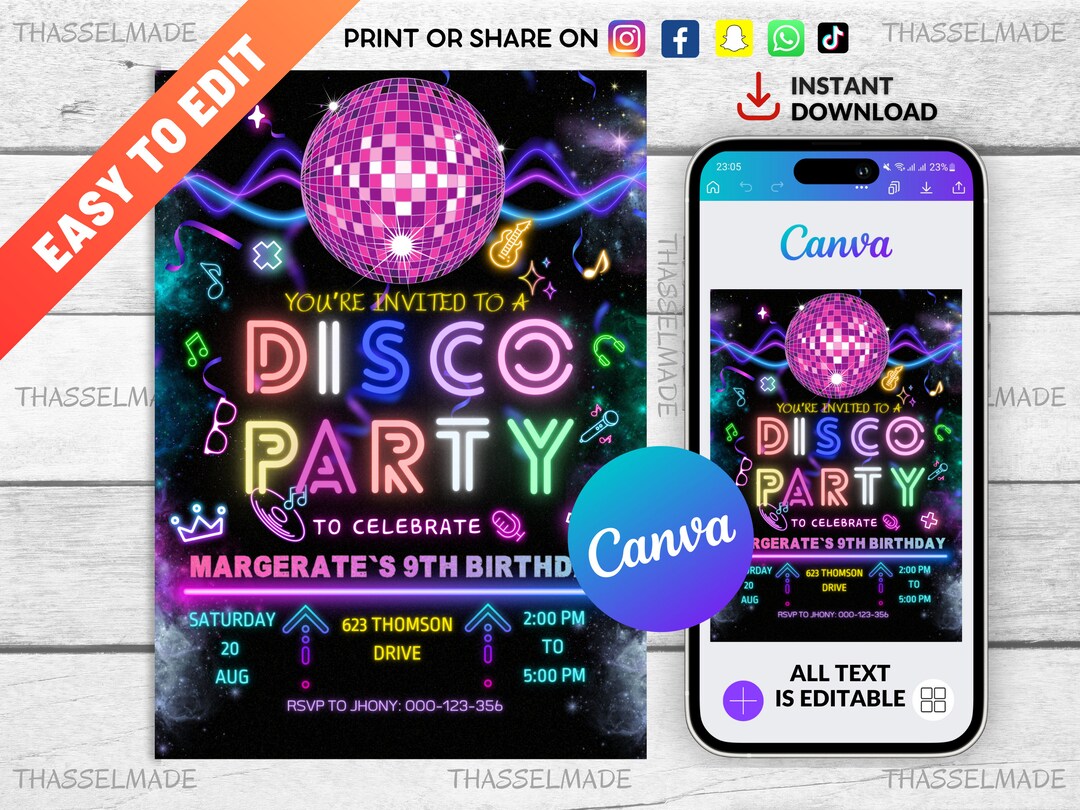 Disco Gender Neutral Invites, Editable Disco Party Birthday Invitation ...